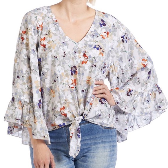 Coco + Carmen | Tops | Cococarmen Ruffle Sleeves Tie Front Blouse ...